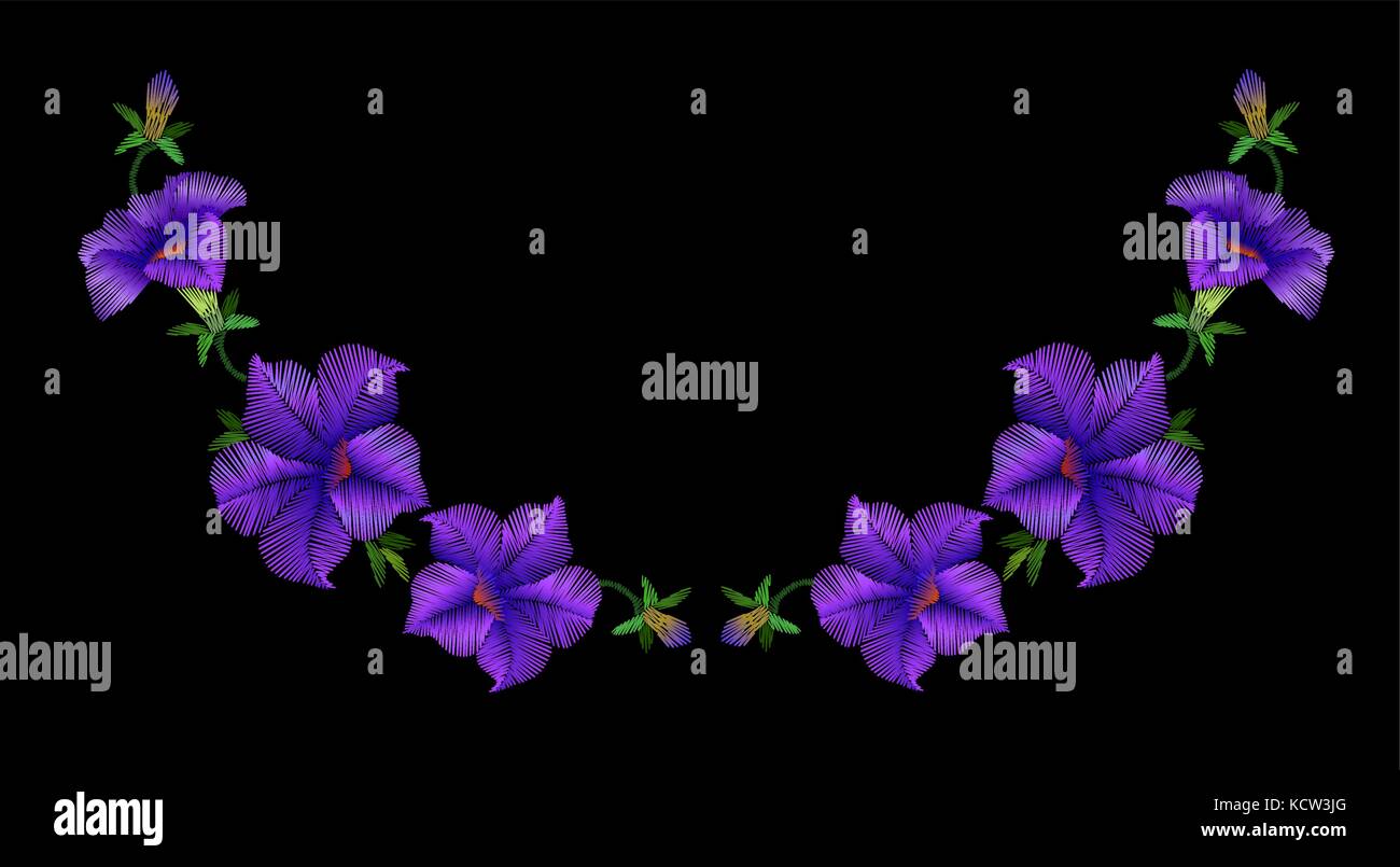 Embroidery crewel floral petunia neckline decoration. Vector ...