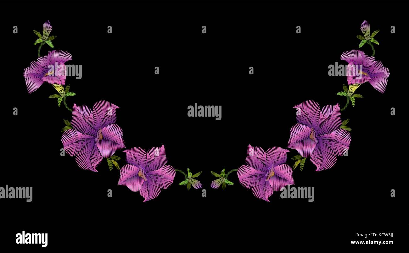 Embroidery crewel floral petunia neckline decoration. Vector ...