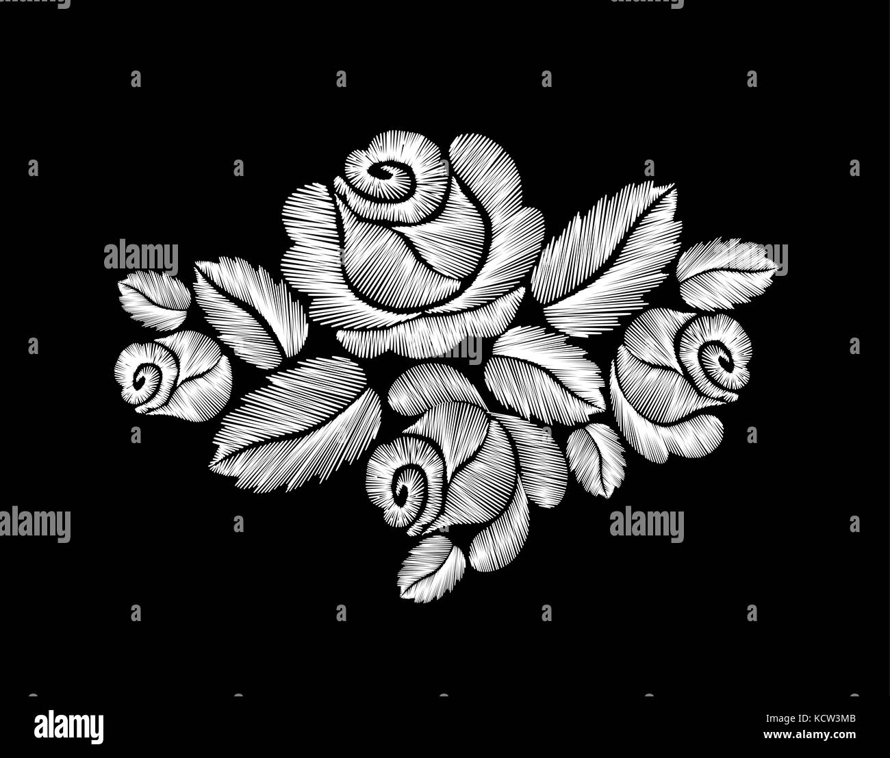 White roses embroidery on black background. ethnic flowers neck line ...