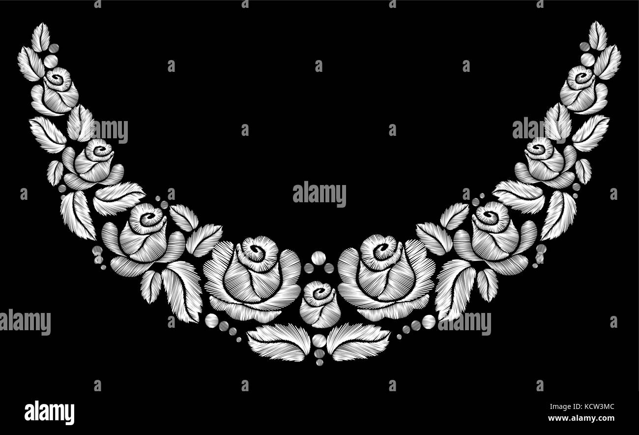 White roses embroidery on black background. ethnic flowers neck line ...