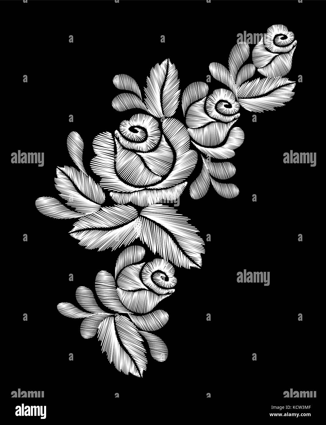 White roses embroidery on black background. ethnic flowers neck line ...