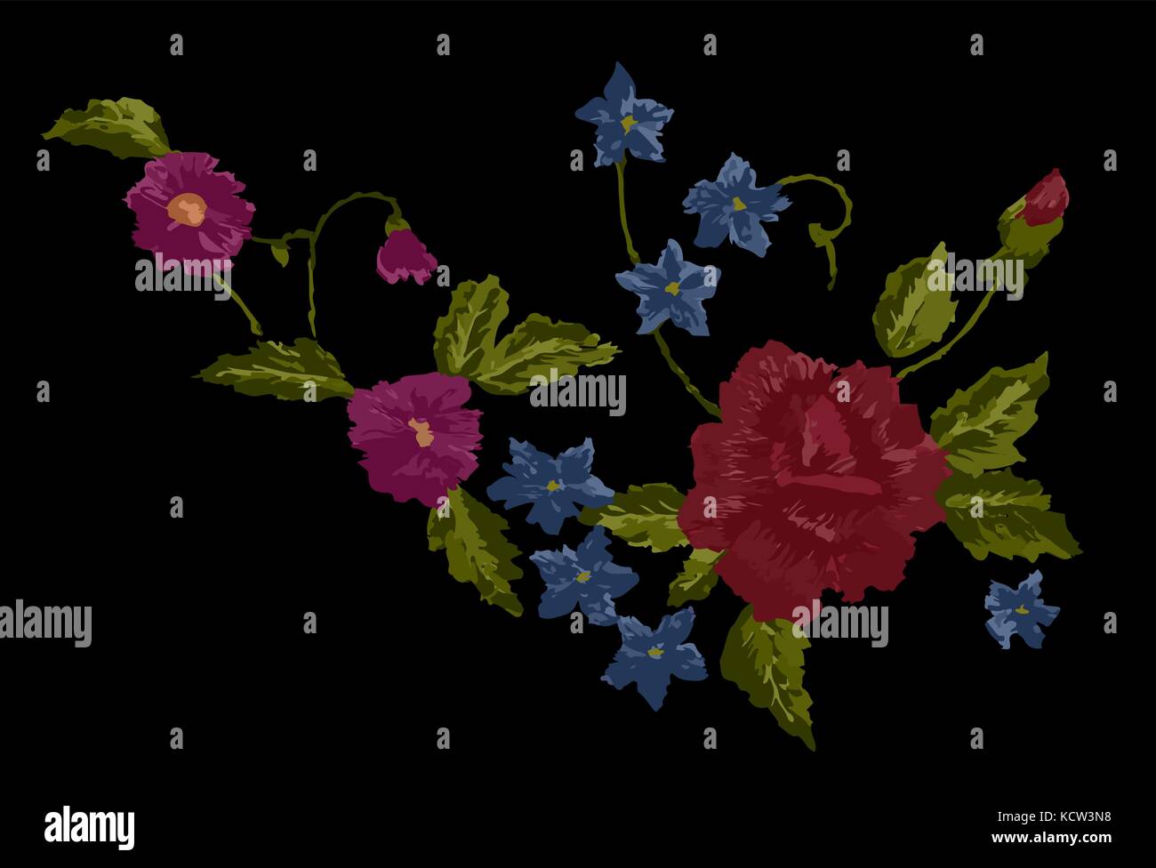 Red roses embroidery on black background. ethnic flowers neck line ...