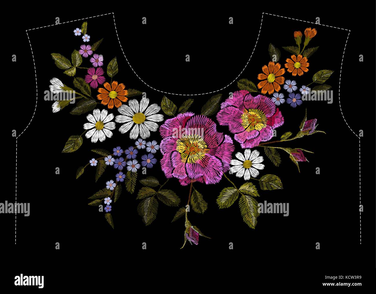 Embroidery colorful floral pattern with dog roses and forget me not ...