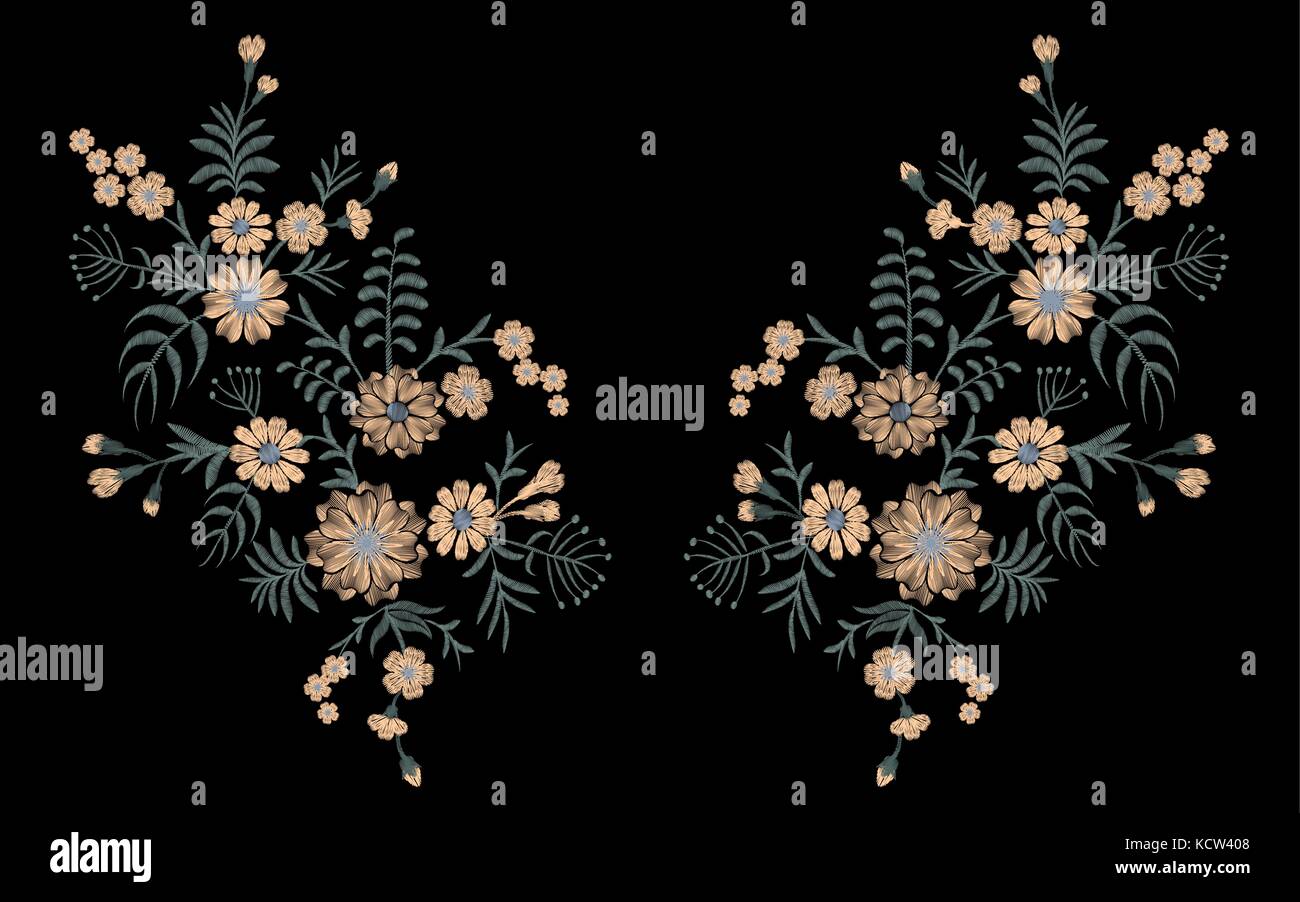 Delicate flower embroidery with wild blooming plants chamomile daisy ...