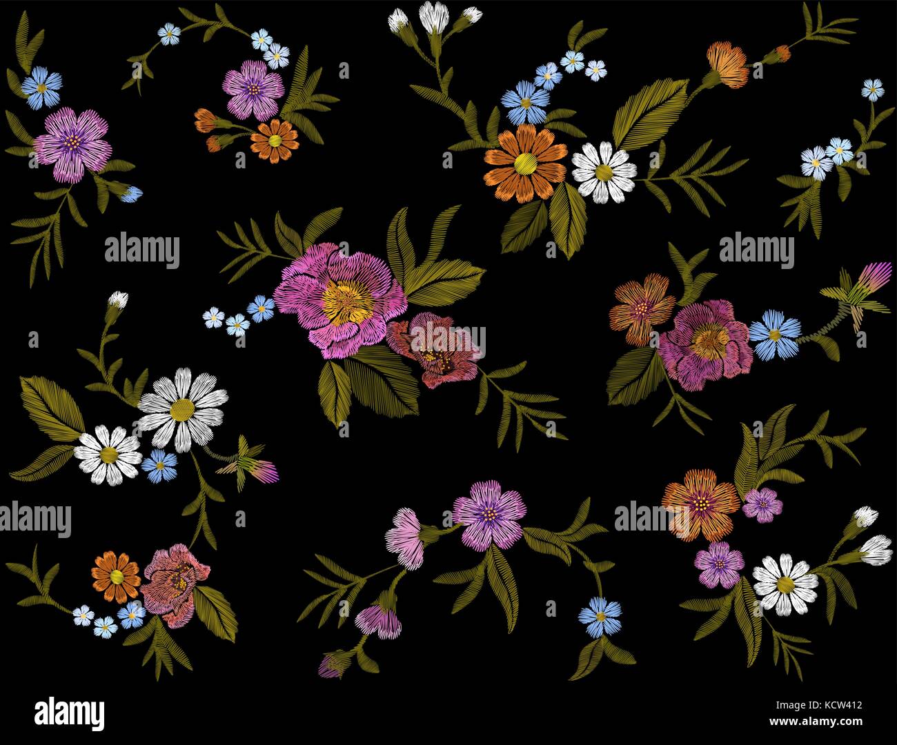 Seamless pattern of flovers on a black background. Imitation embroidery ...
