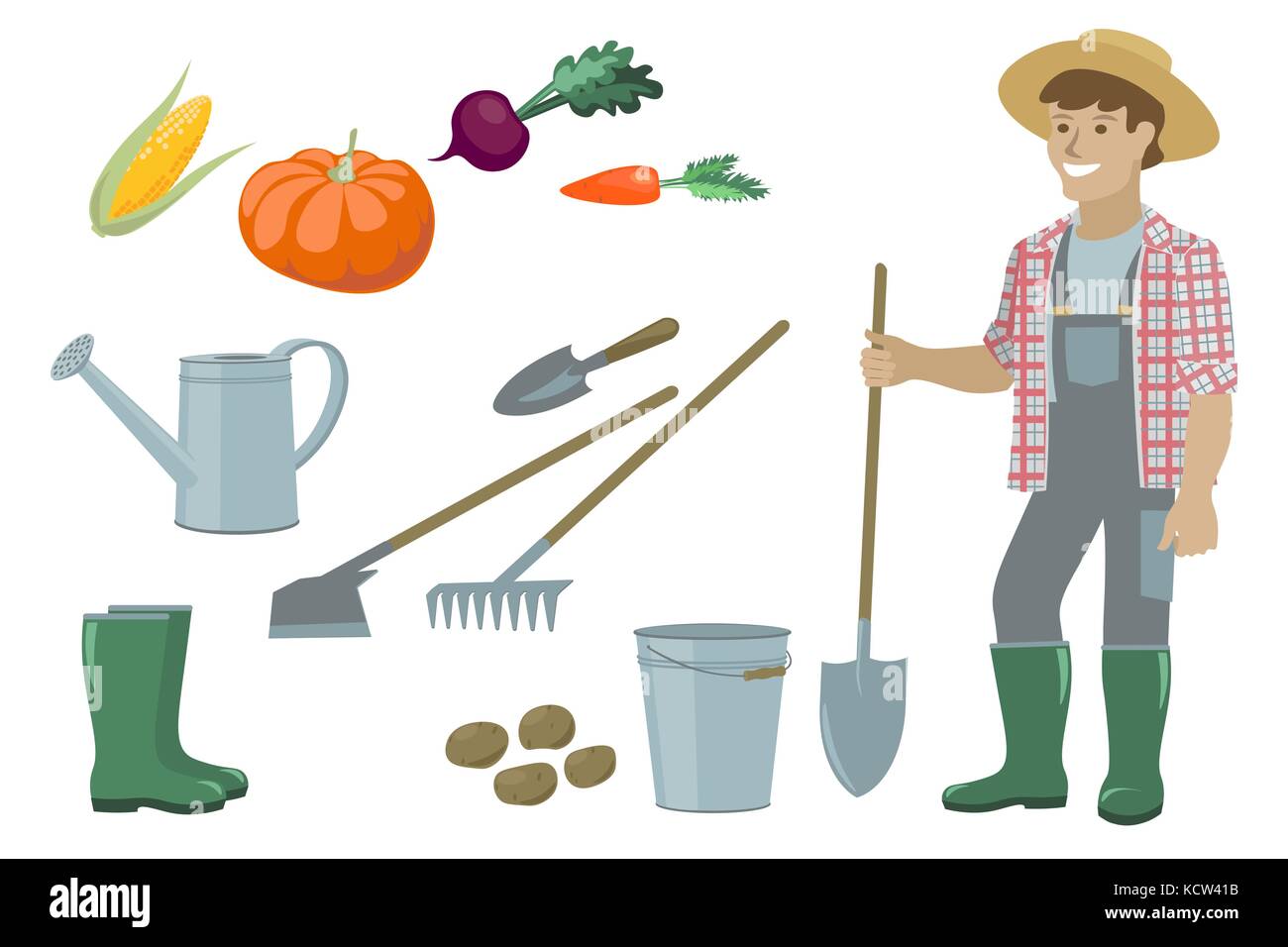 Farm Garden inventory set items elements, farmer man and vegetables ...