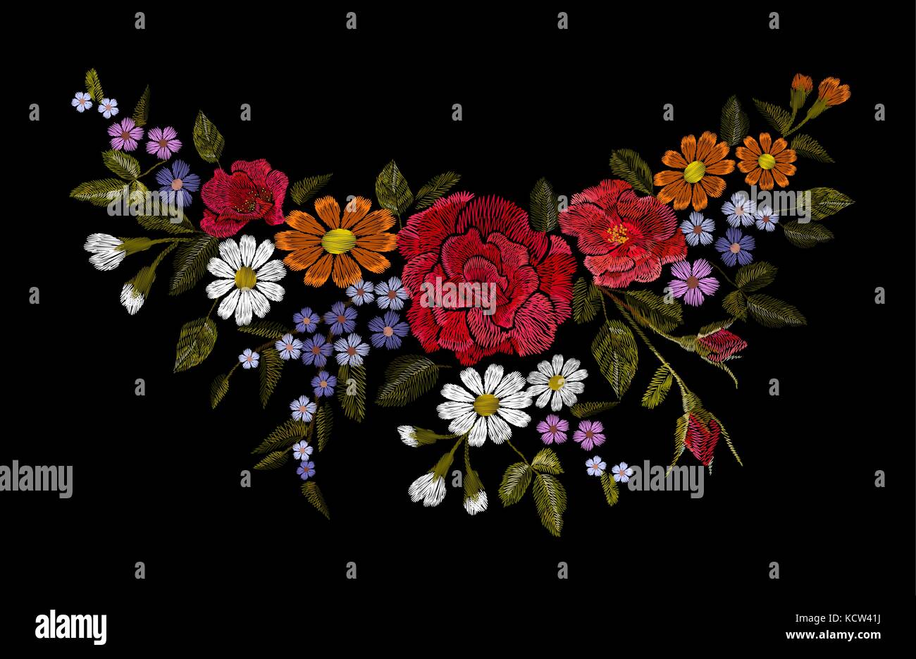 Embroidery colorful floral pattern with red roses and forget me not ...