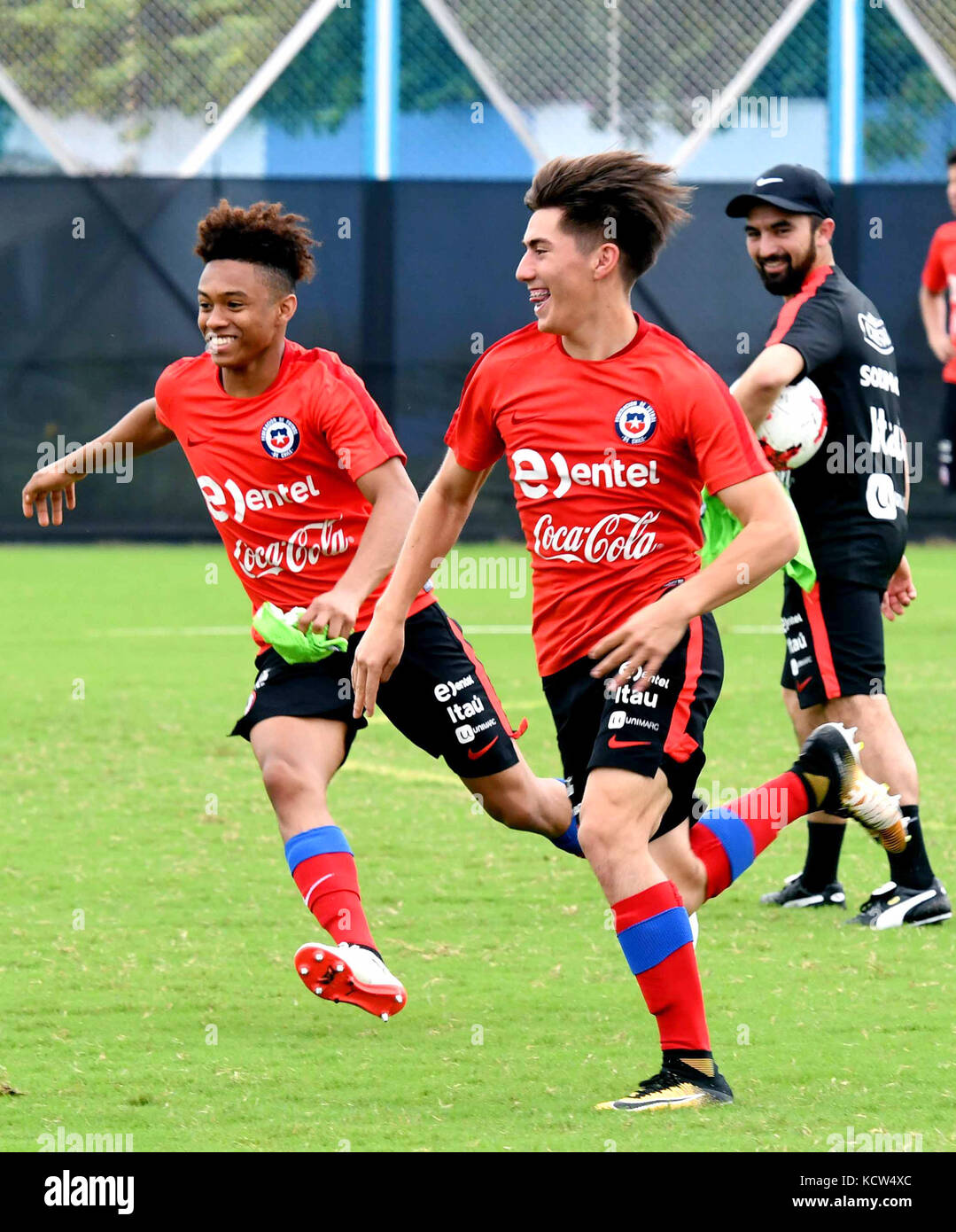 Players of the Chile football team during a practice session ahead of ...