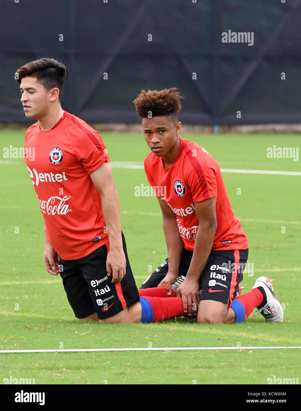 Players of the Chile football team during a practice session ahead of ...
