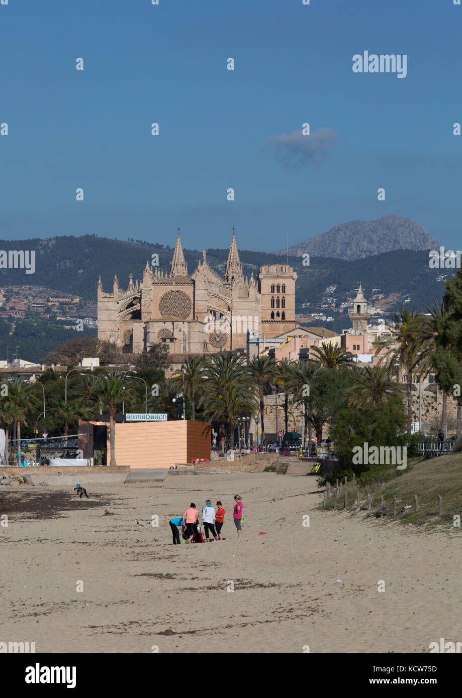 View of Portixol beach near Palma Cathedral, Palma, Majorca, Balearic ...