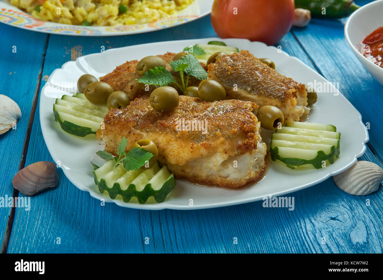 Mediterranean cuisine. Spanish-Style Cod, Top view Stock Photo - Alamy