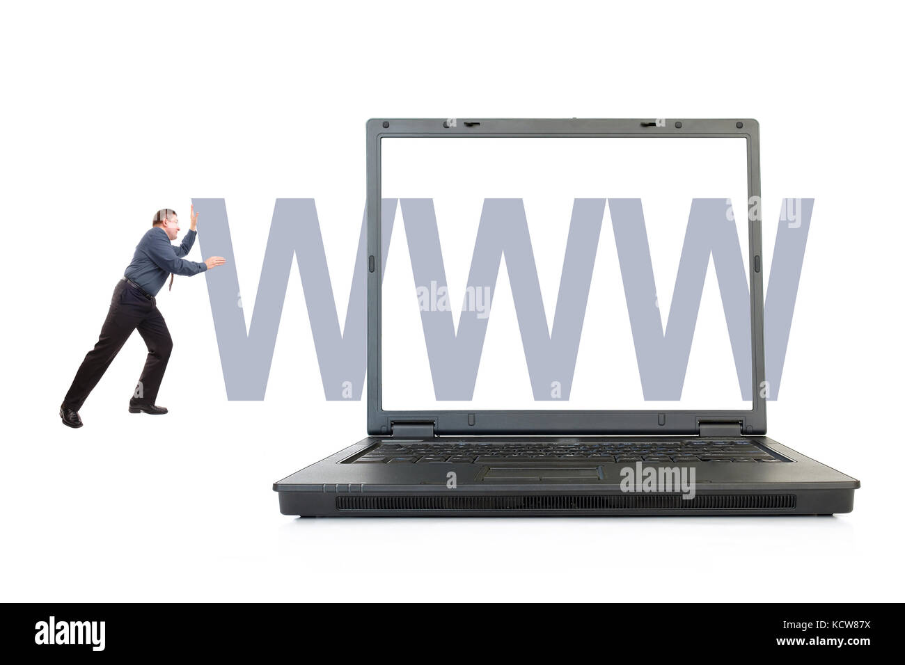 Businessman pushing WWW letters into laptop screen - isolated on white ...