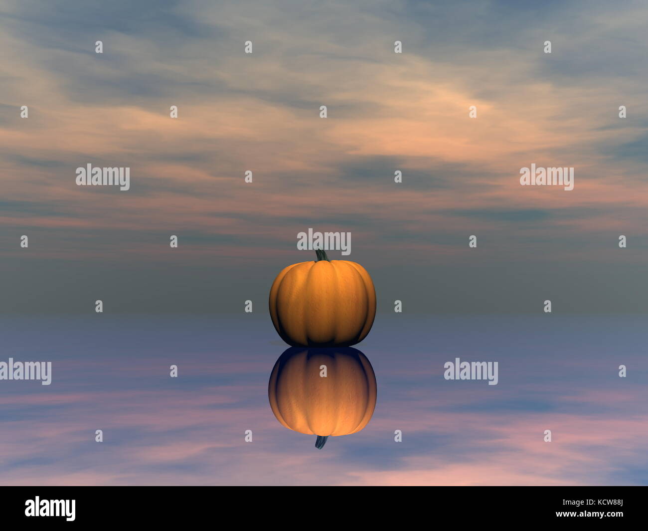 Halloween pumpkin reflection by sunset - 3D render Stock Photo - Alamy