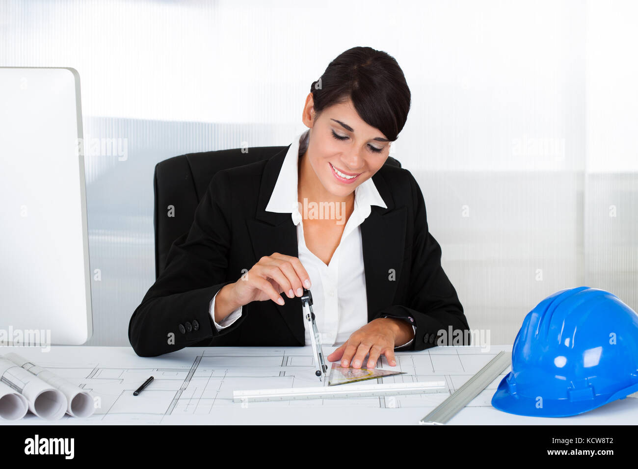 Female architect drafting blueprint ruler hi-res stock photography and ...
