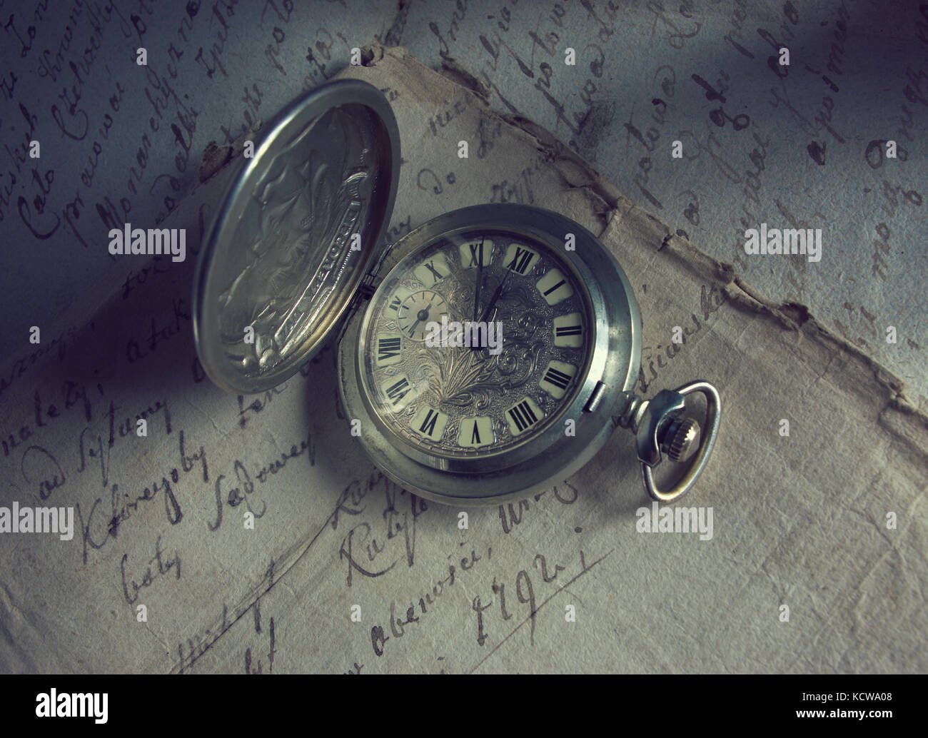 vintage clock on a retro document, Manuscript of the 18th century ...