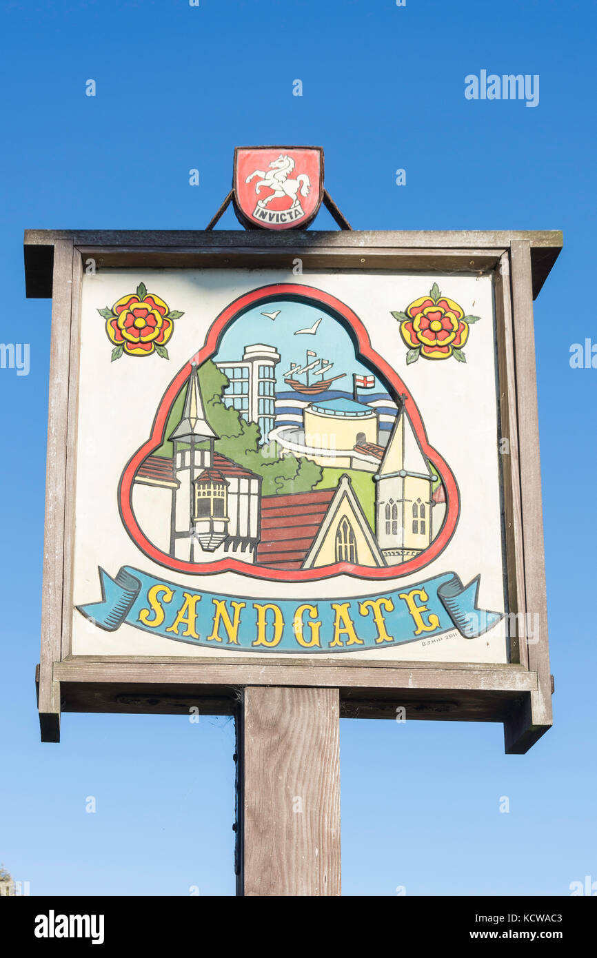 Wooden village sign, High Street, Sandgate, Kent, England, United ...