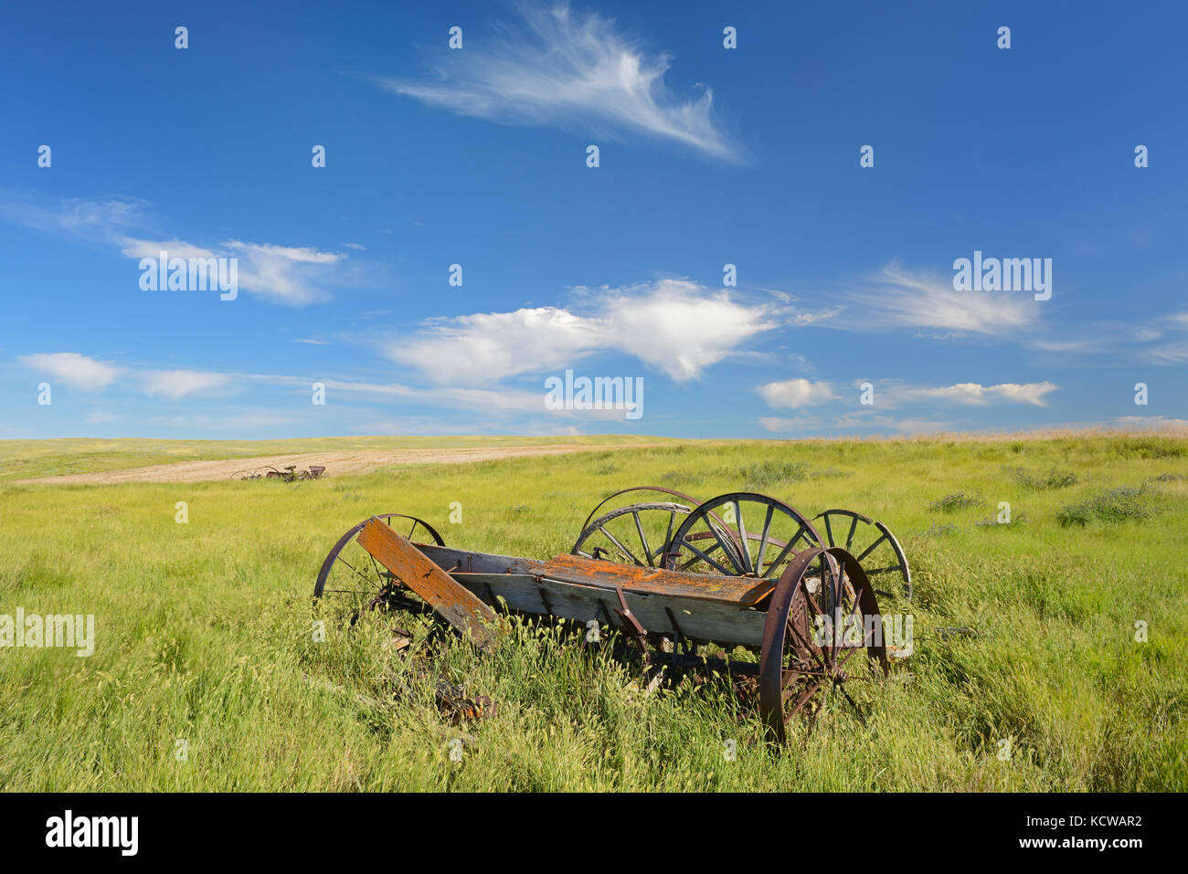 Old farm equipment on abandonned farm , Near Monchy, Saskatchewan ...