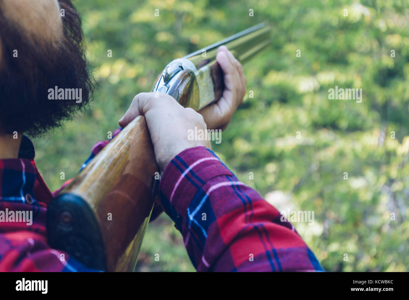Hunter with a gun on the forest Stock Photo - Alamy