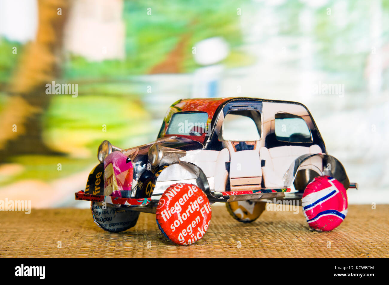 Hand-made car made from beverage cans in craft store, Antananarivo ...
