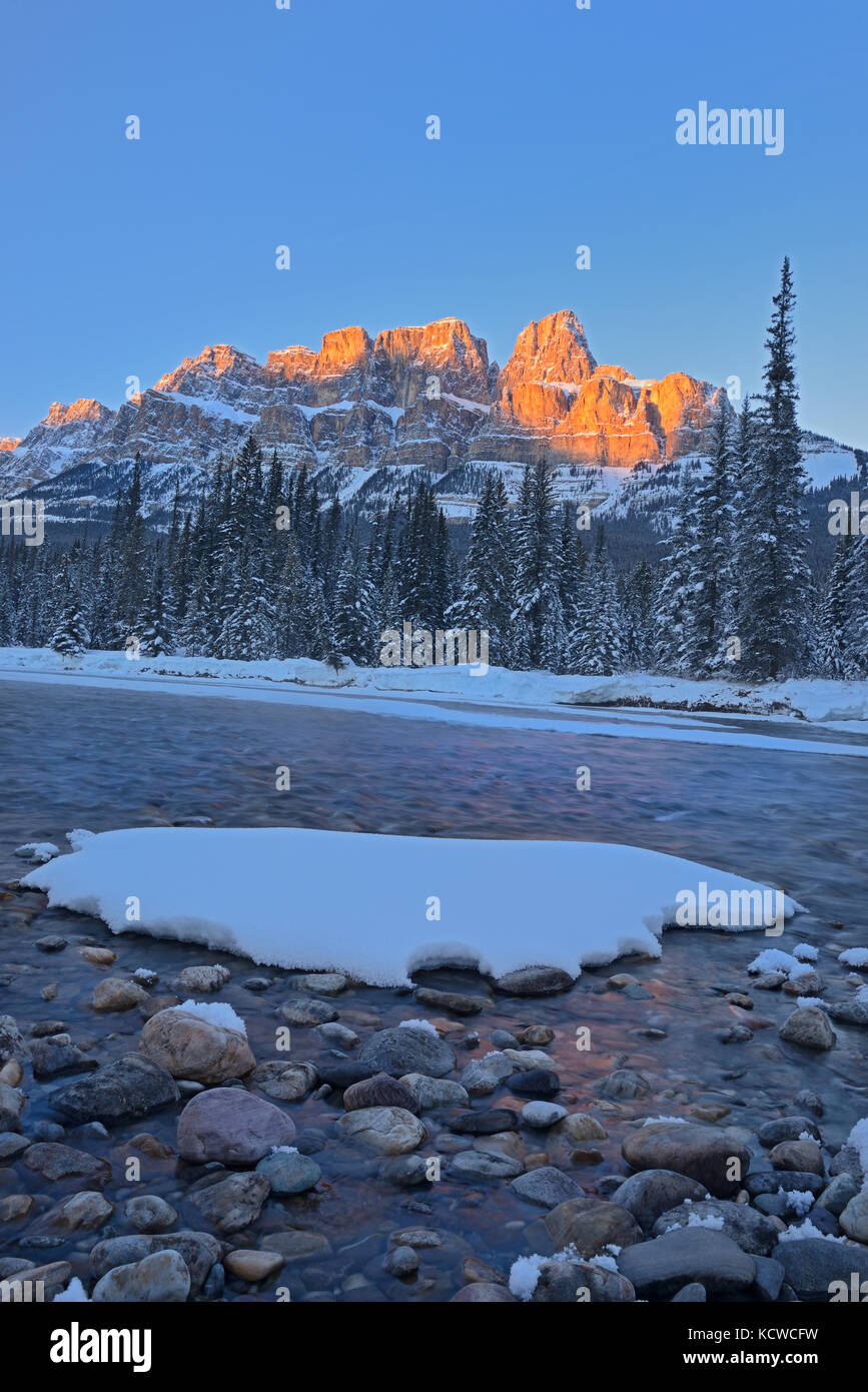 Castle Mountain and the Bow River at sunset. Castle Junction, Banff National Park, Alberta ...