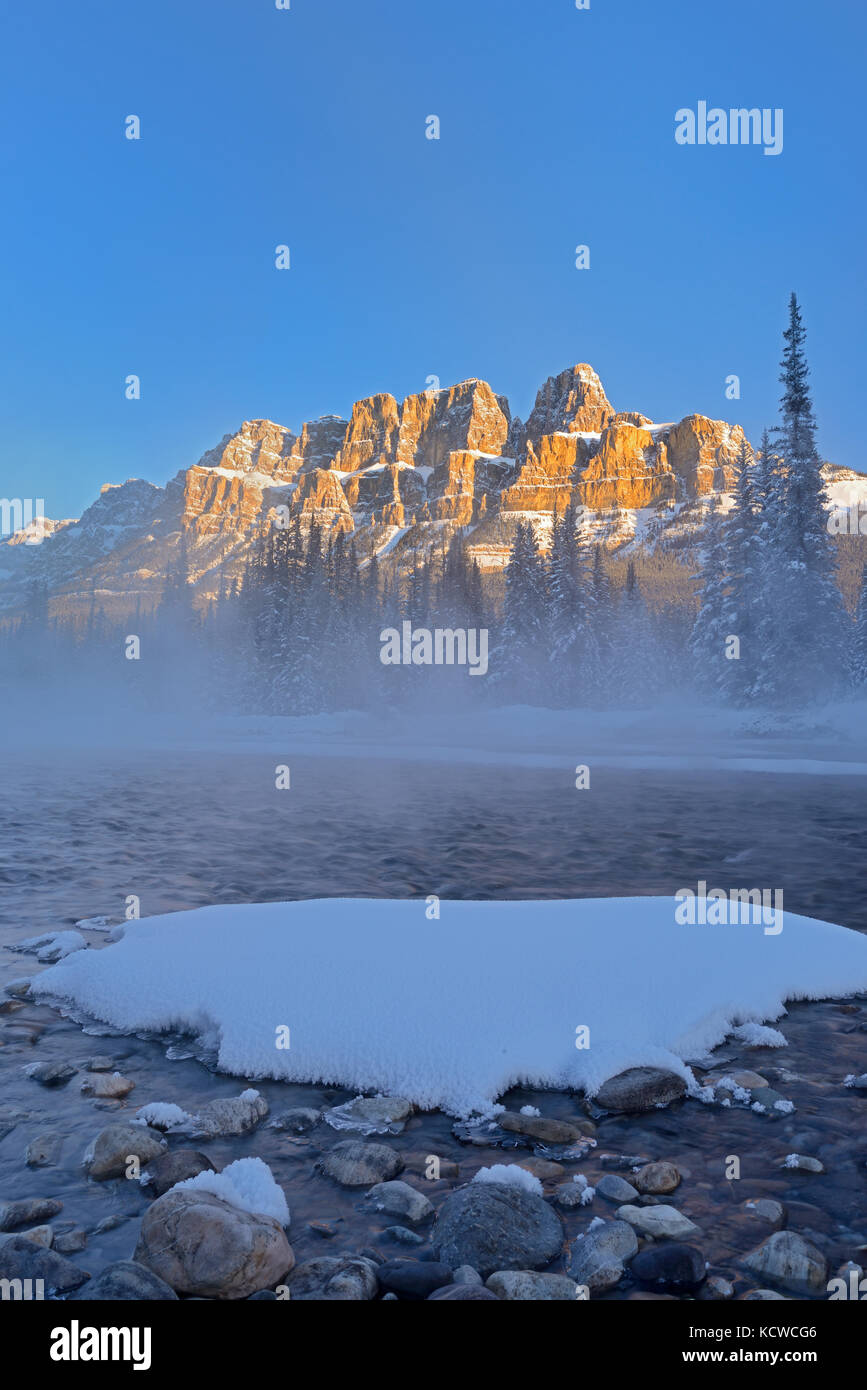 Castle Mountain and the Bow River at sunrise. Castle Junction, Banff National Park, Alberta ...