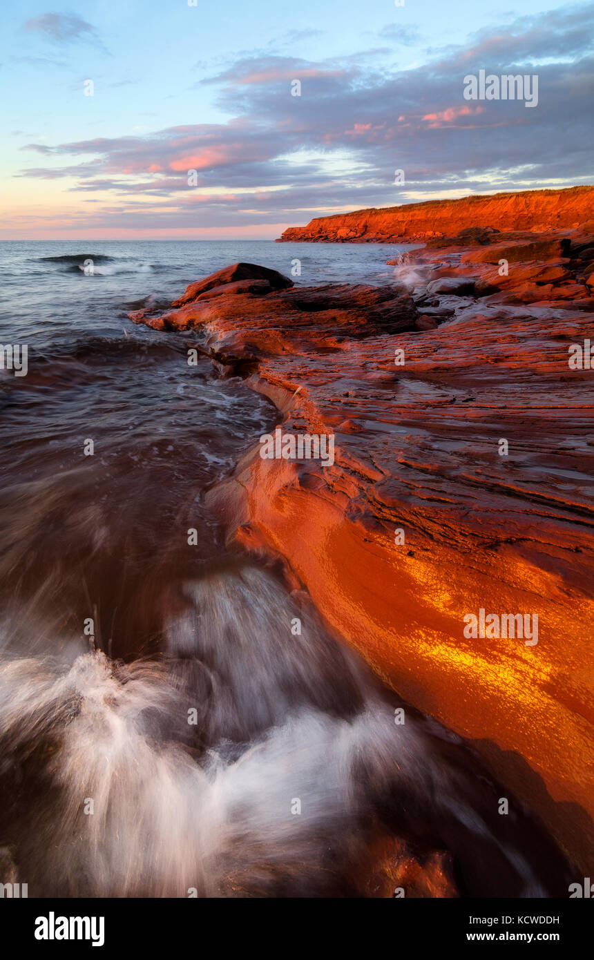 waves, sandstone, cliffs, sunset, Cavendish, Prince Edward Island ...