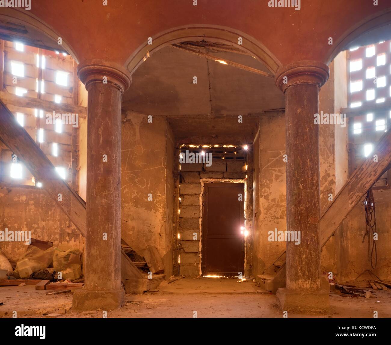 Interier of abandoned church. Vault apse with christian painted ceiling ...