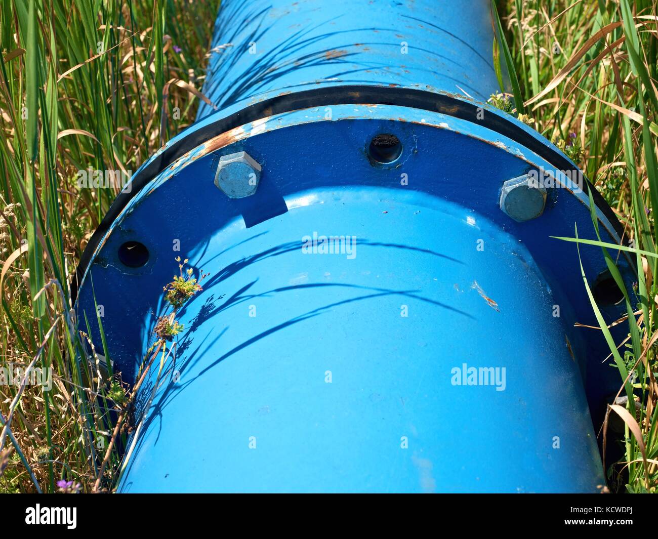 Repaired big drink water pipes joined with new blue flanges and silver ...