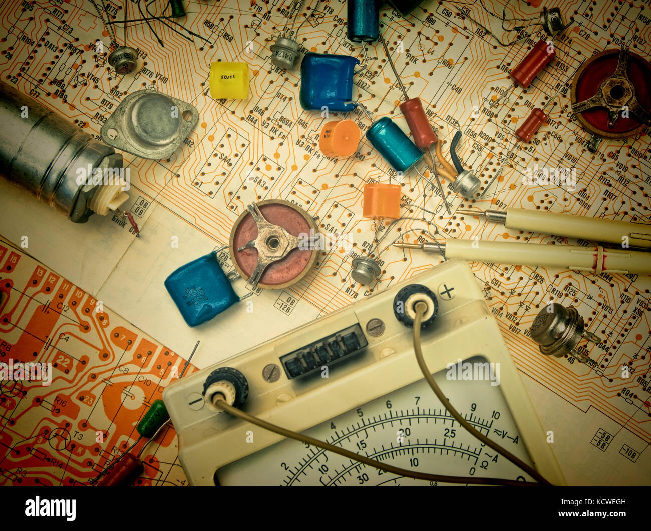 Old electronic components lie on the wiring diagram Stock Photo - Alamy