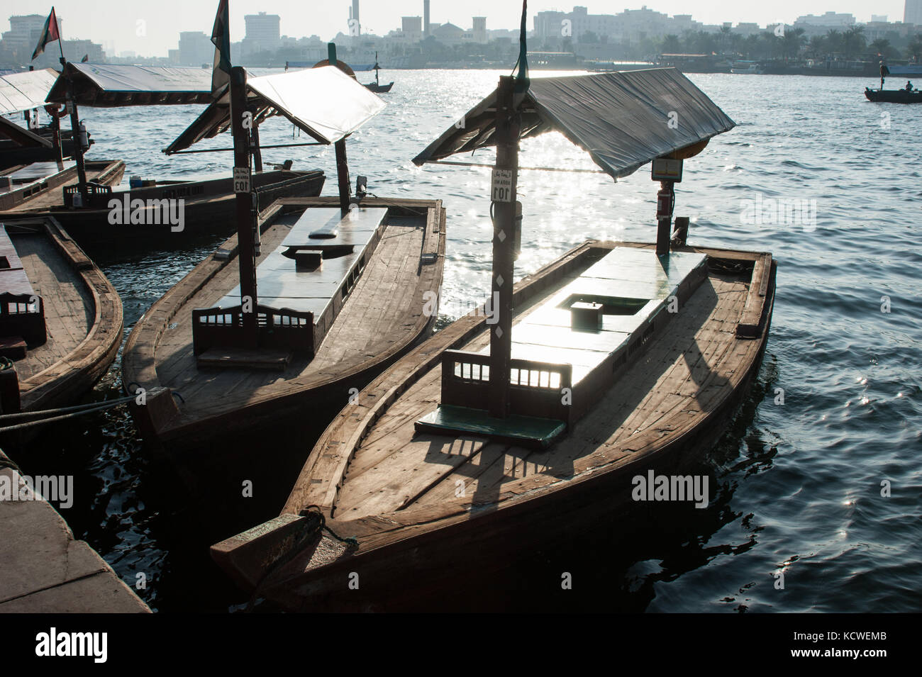Traditional Abra ferries at the creek in Dubai, United Arab Emirates ...