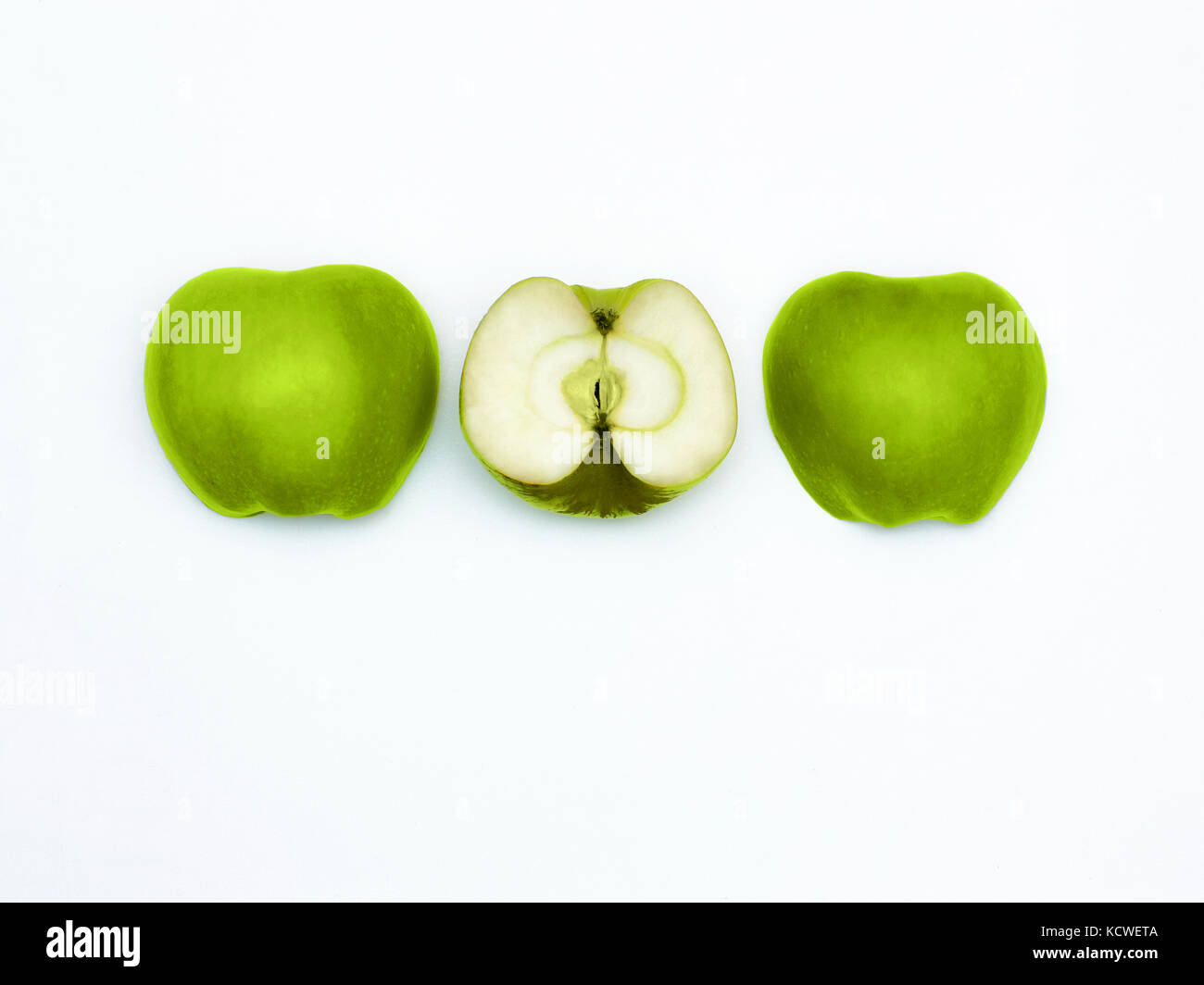 Green apples Top view Fresh granny smith Three different halves of ...