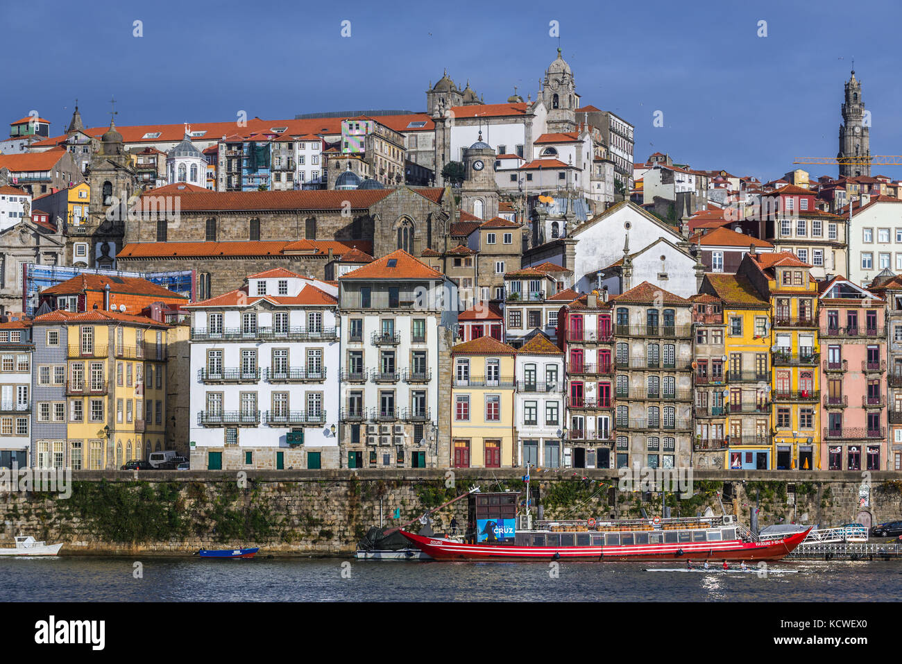 Row of buildings on the Douro riverfront in Porto city, Portugal. View ...