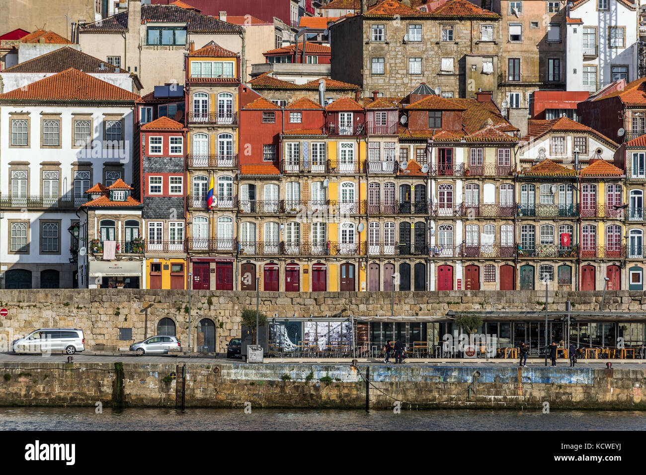 Row of buildings in Ribeira District on the Douro riverfront in Porto ...