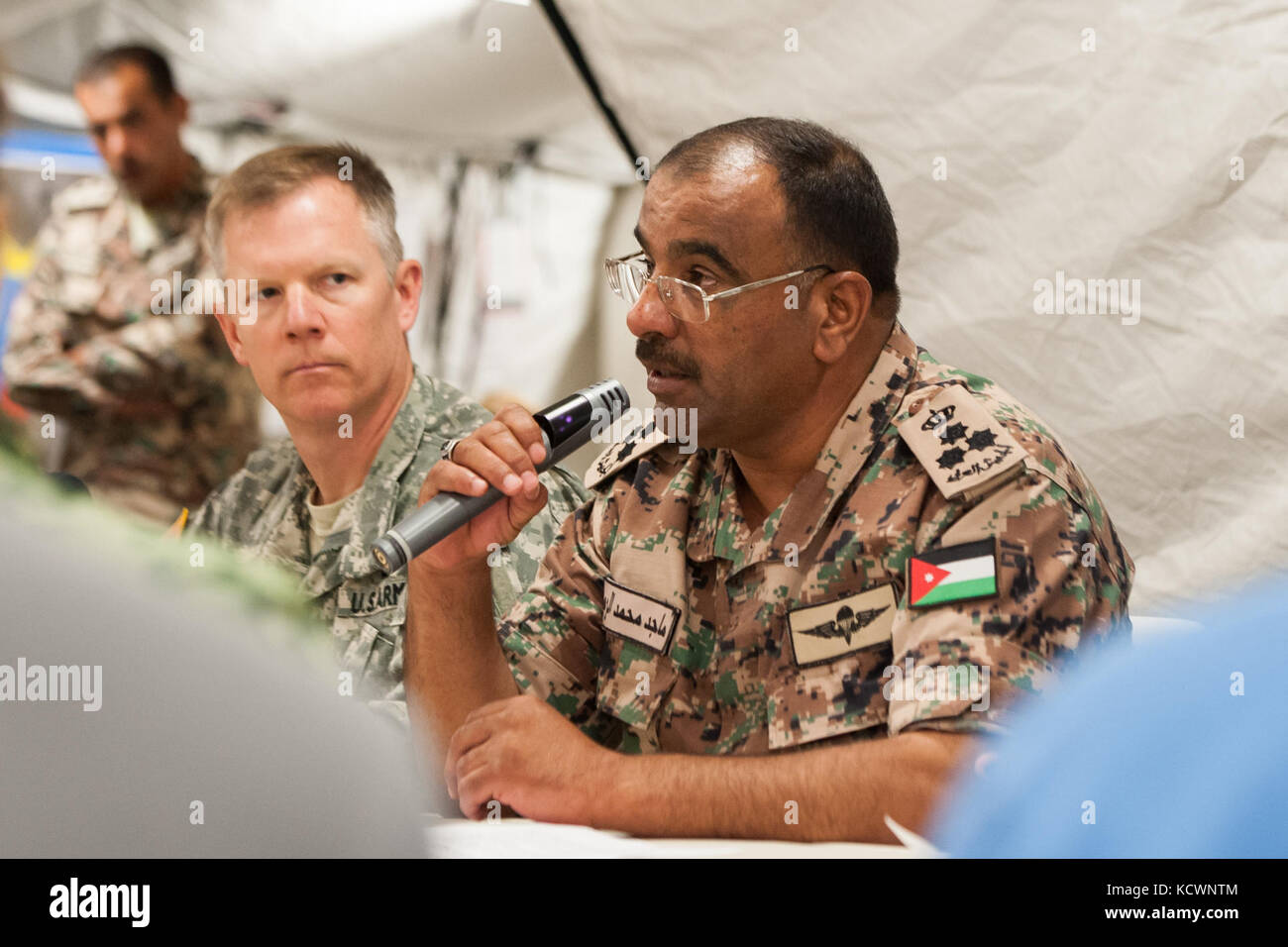 Jordanian Armed Forces Brig. Gen. Majed Azhair, conducts a mock press ...