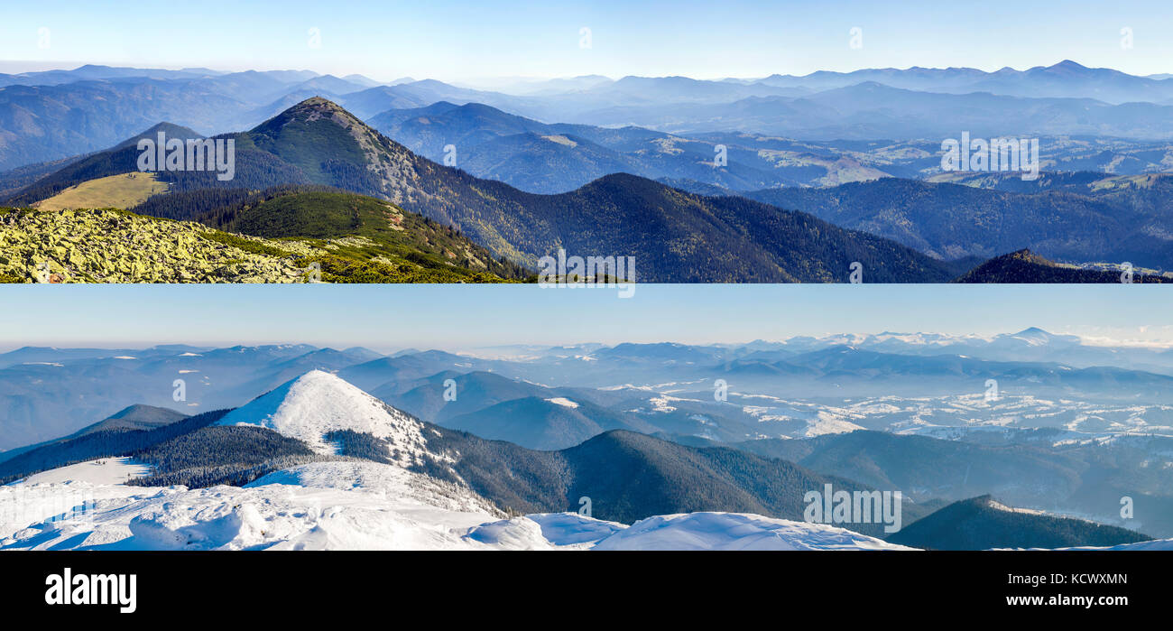 Mountain landscape in winter and in summer. Comparison of two seasons ...