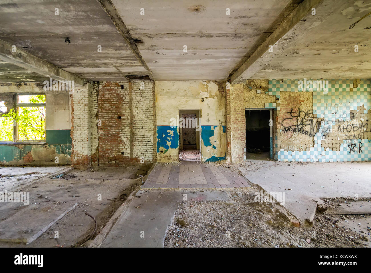 Interior of old warehouse building destroyed. Ruins of industrial ...
