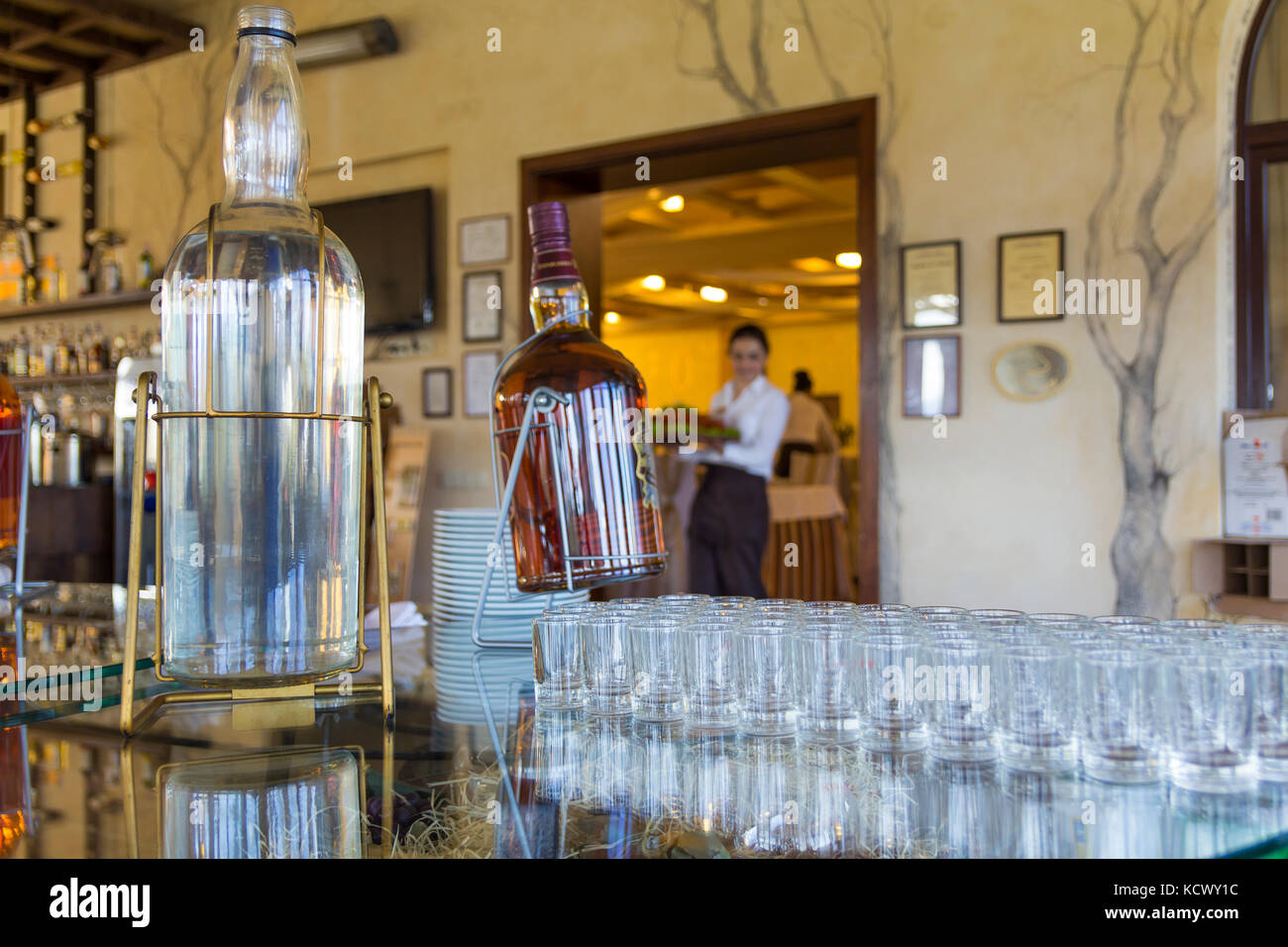 Many empty vine glasses on bar table Stock Photo - Alamy