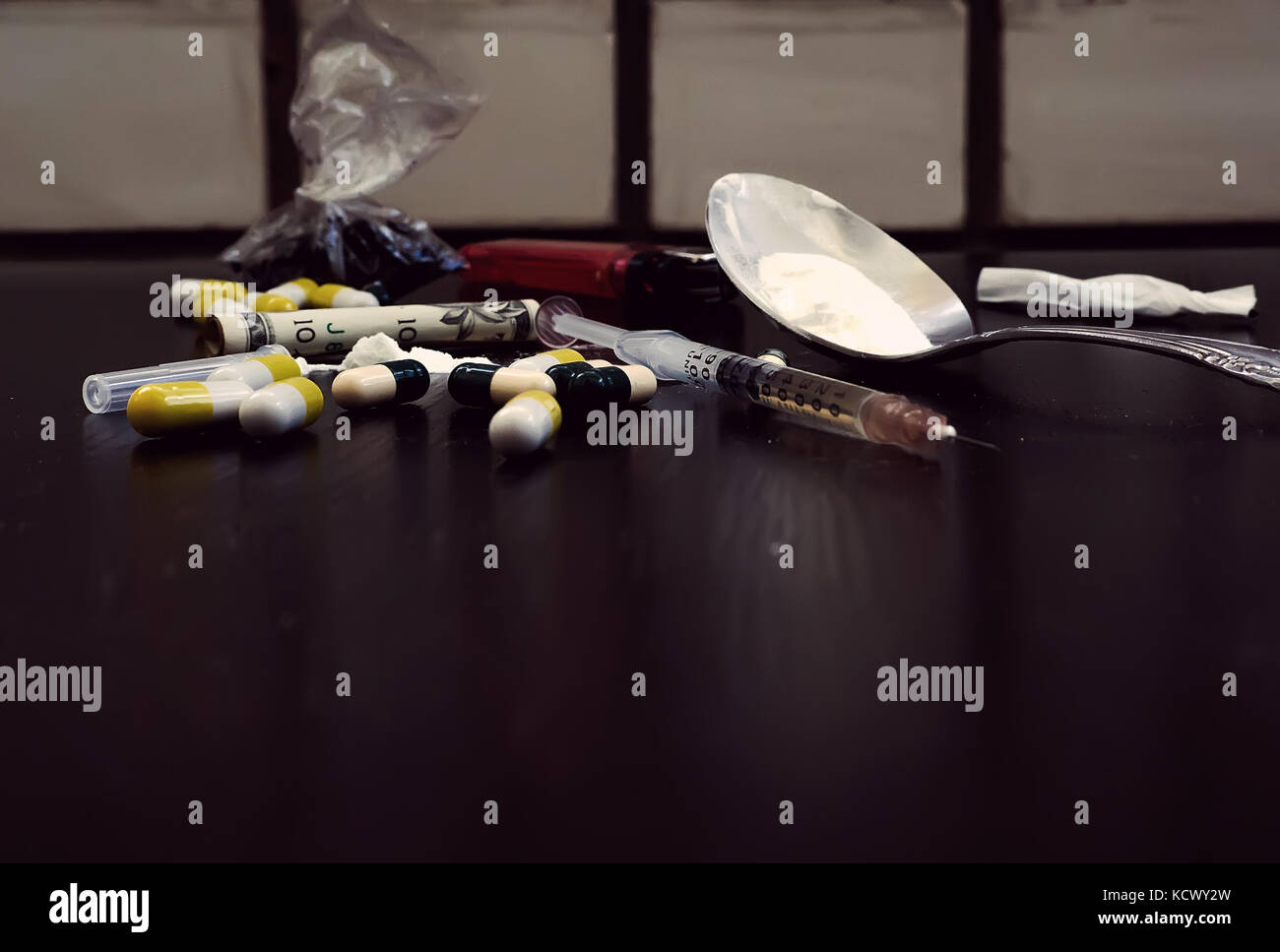 Alcohol with drugs on table hi-res stock photography and images - Alamy