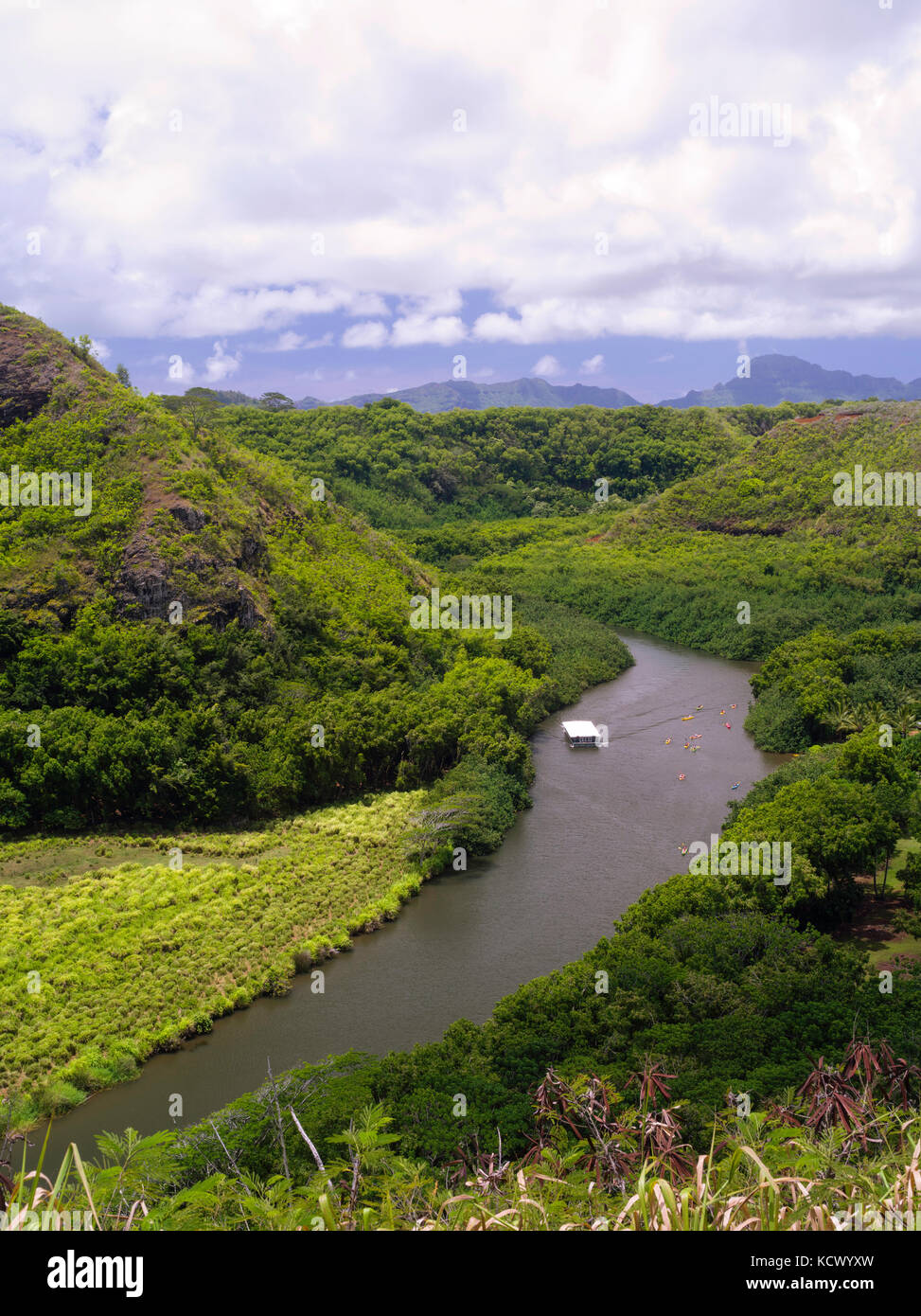 View of Wailua River and people kayaking, near Lihue, Kauai, Hawaii, US ...