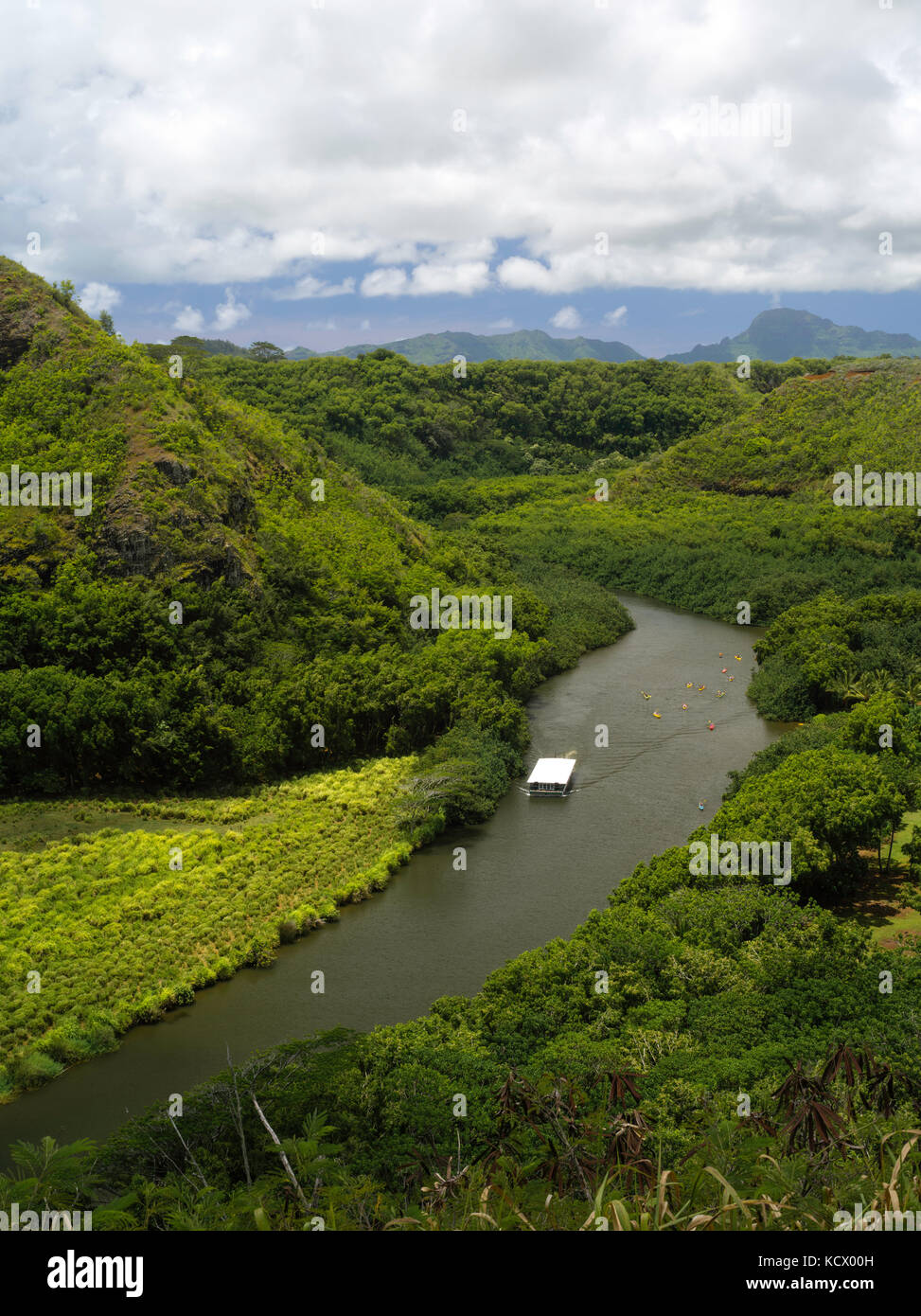 View of Wailua River and people kayaking, near Lihue, Kauai, Hawaii, US ...