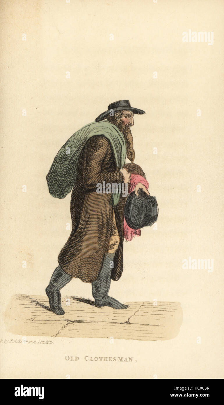 Jewish old clothesman with a bag of clothes over his shoulder, rags and ...
