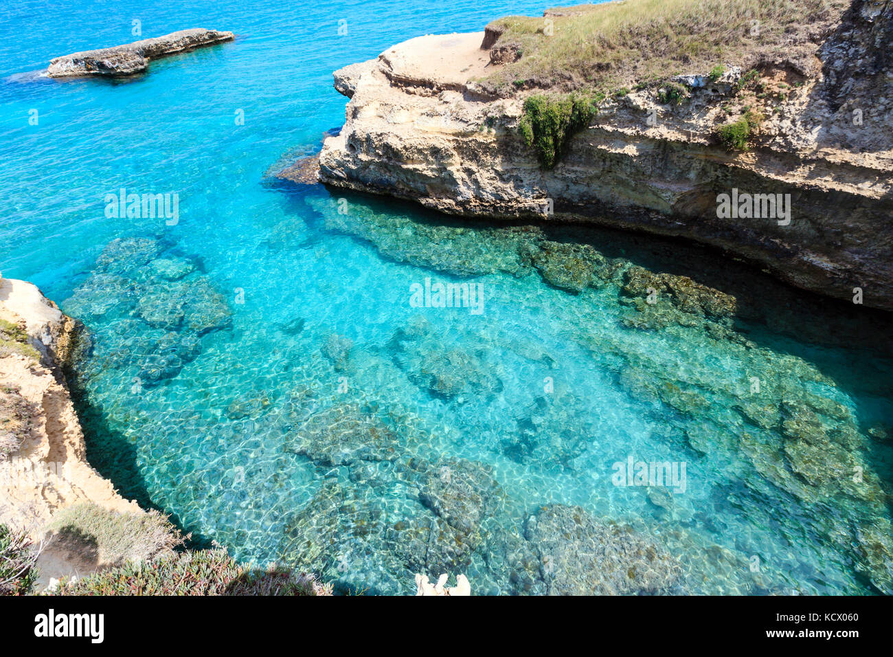 Picturesque seascape with white rocky cliffs, sea bay and islets at ...