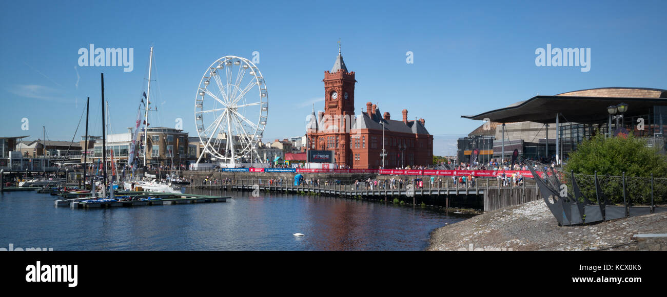 Waterfront at Cardiff Bay, with moored yachts, Ferris Wheel, Pierhead ...