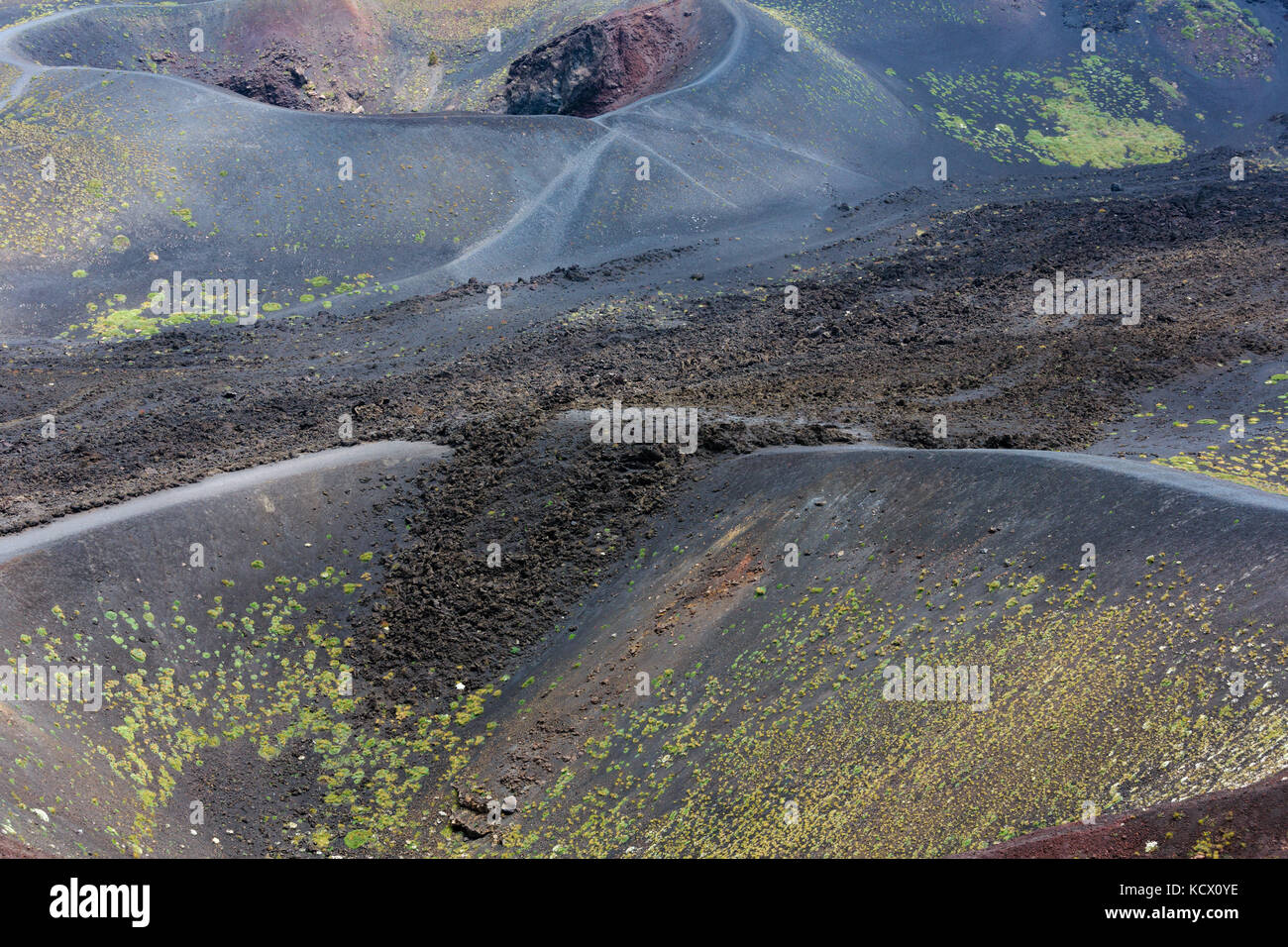 Path between summer Etna volcano mountain craters, Sicily, Italy ...