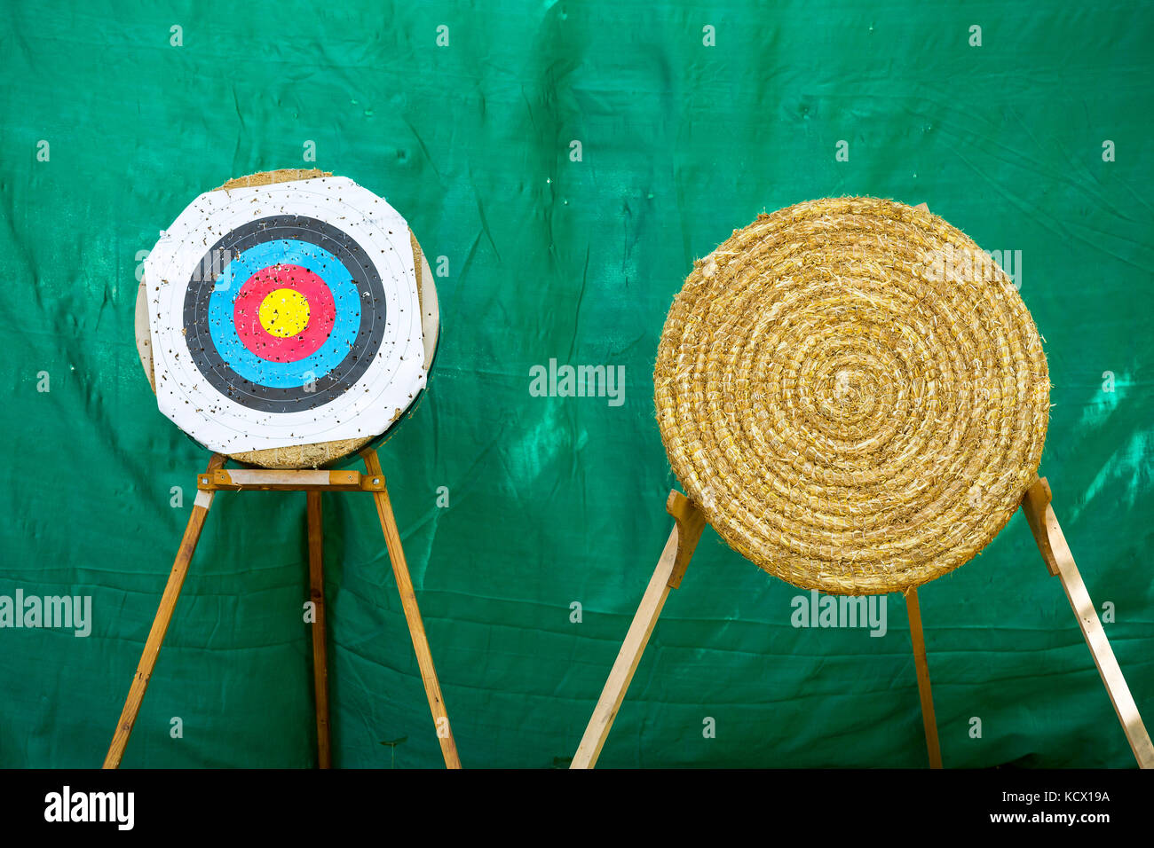 Two different archery target rings during an archery competition. Green ...