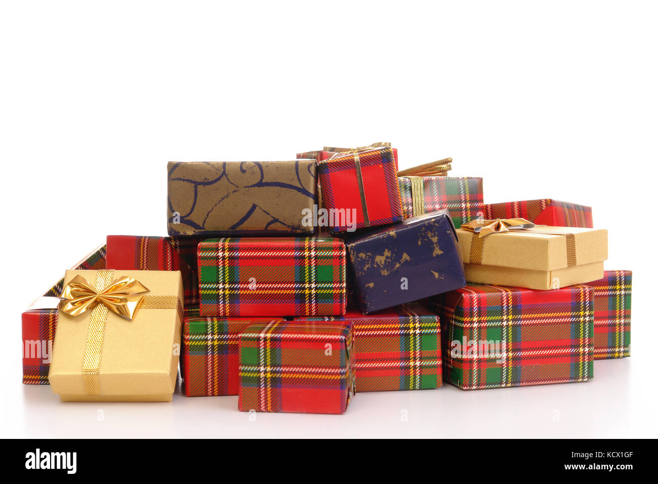 Pile of christmas presents over white background Stock Photo - Alamy