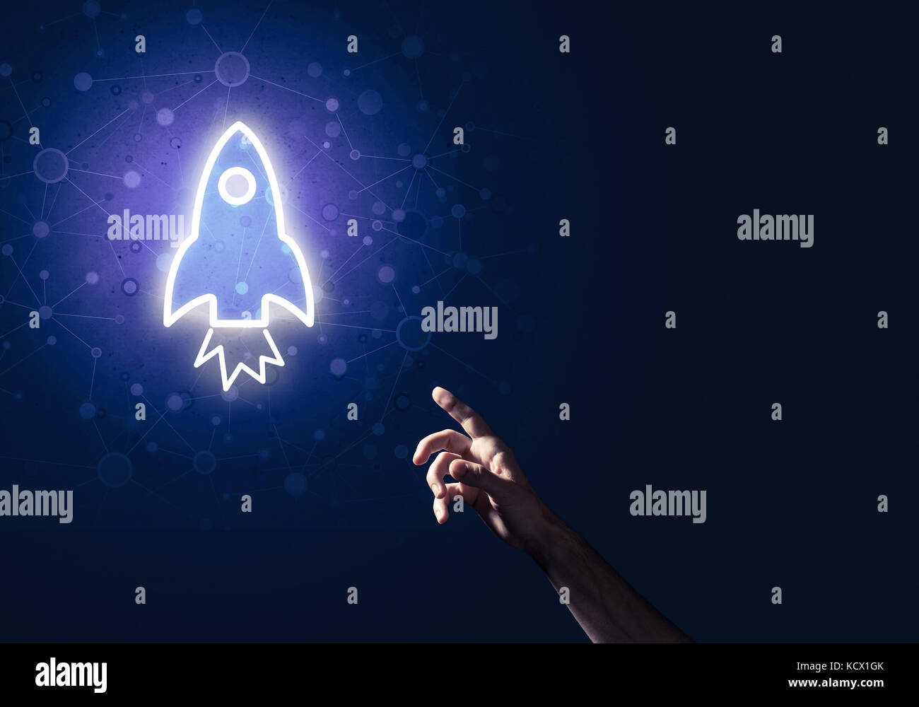 Man palm presenting Rocket web icon as technology concept Stock Photo ...