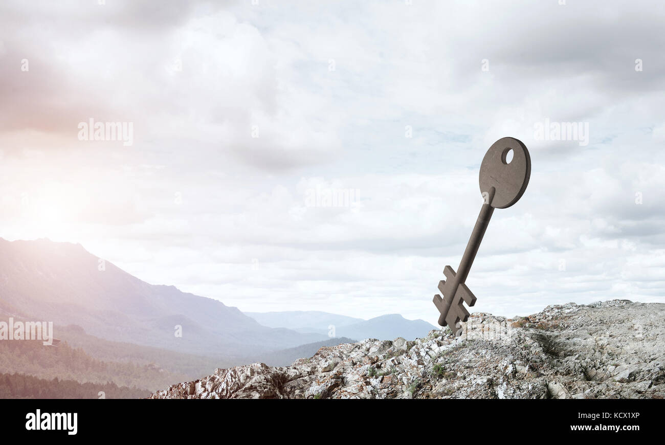 Conceptual background image of concrete key sign and natural landscape ...