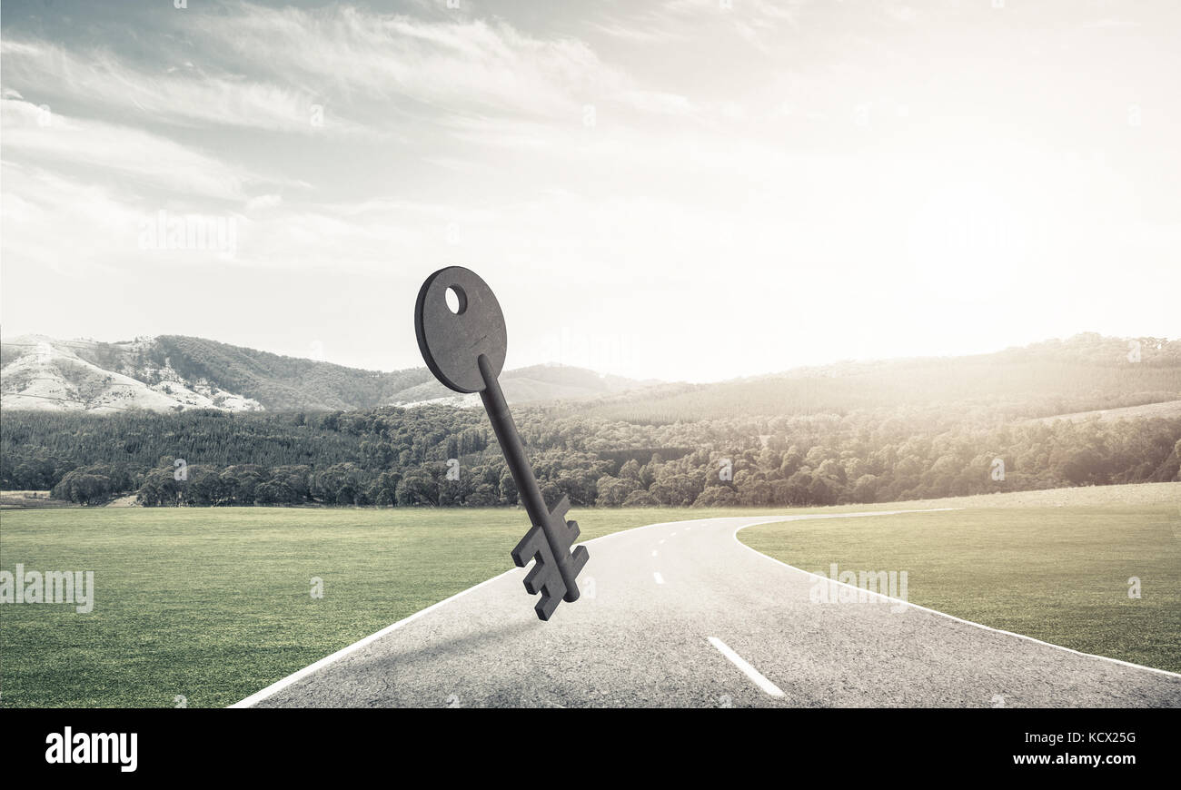 Conceptual background image of concrete key sign on asphalt road Stock ...