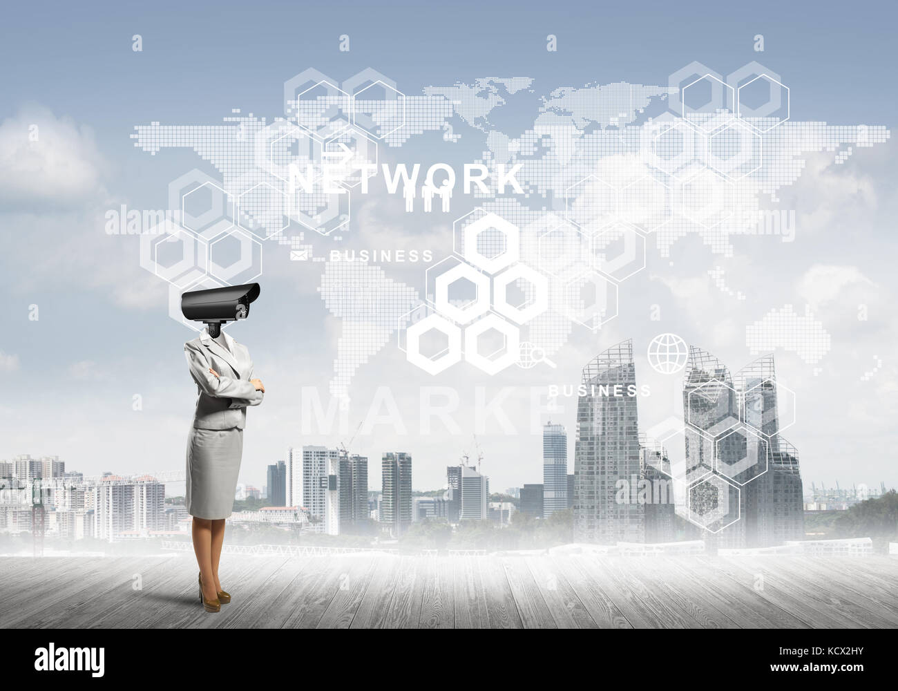 Concept of security and privacy protection with camera headed woman ...